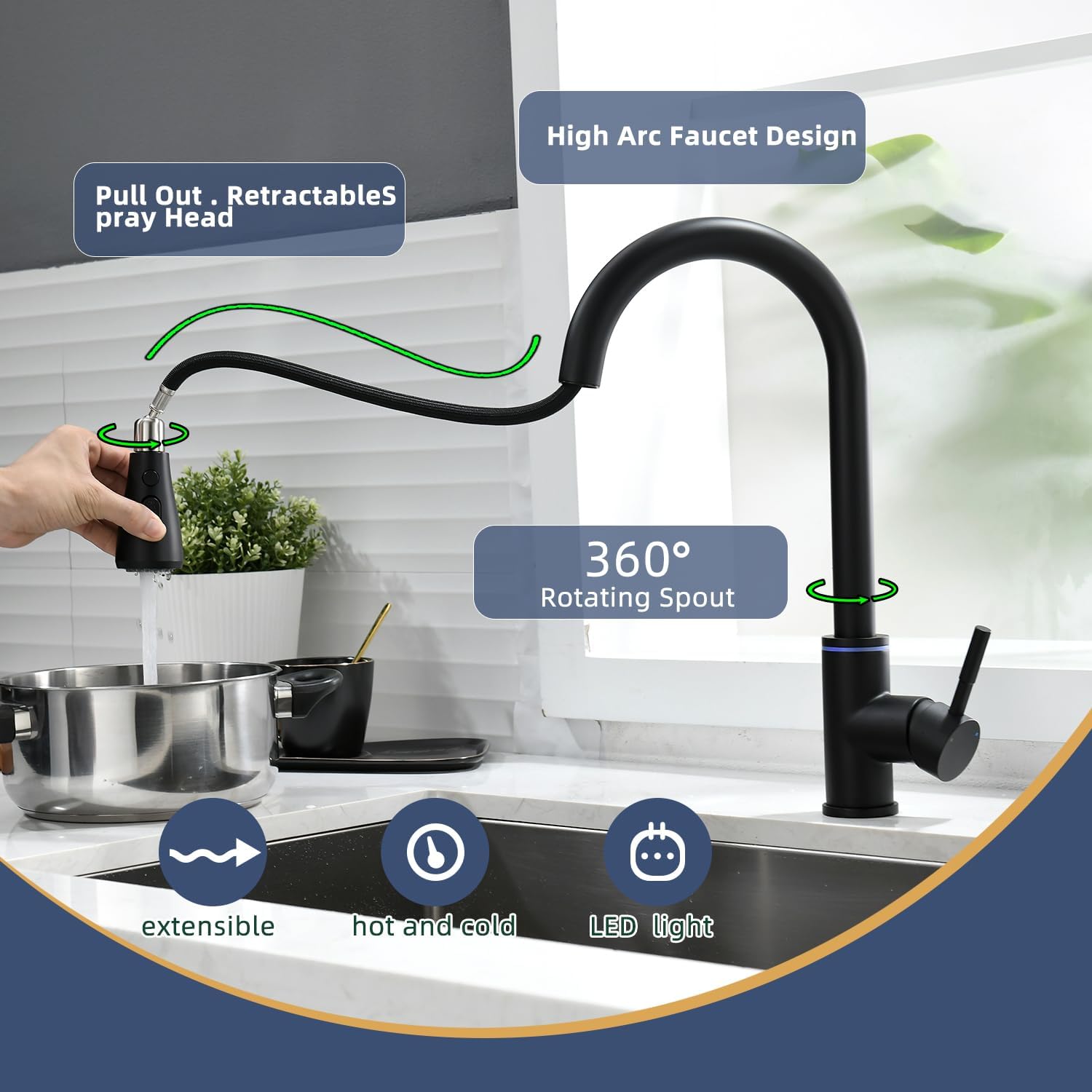 Homesbrand Kitchen Mixer Tap with Pull Out Sprayer Pause Function 360 ...